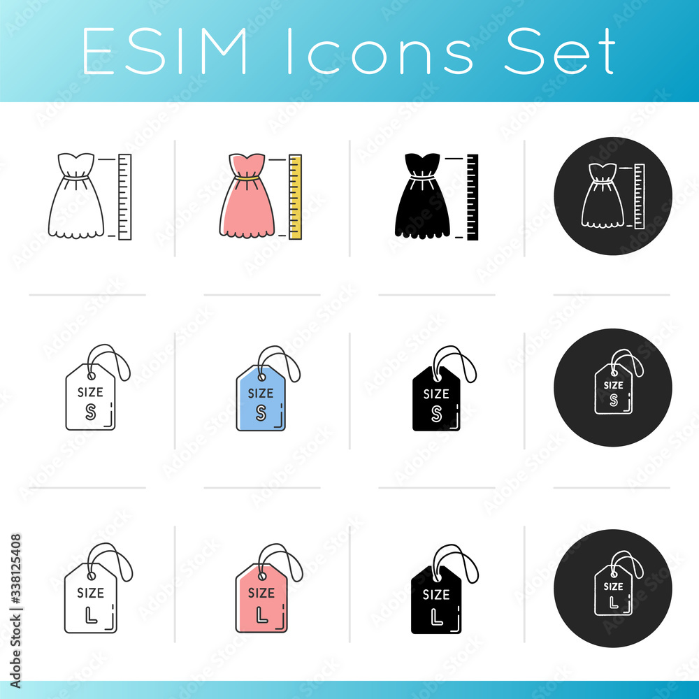 Female dress measuring and size tags icons set. Linear, black and RGB ...
