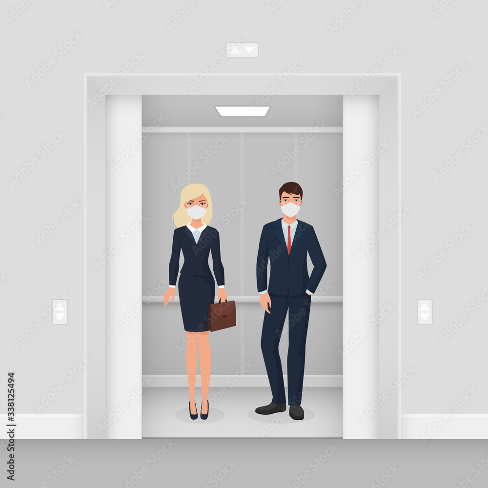 Business people in masks in elevator character flat cartoon vector ...