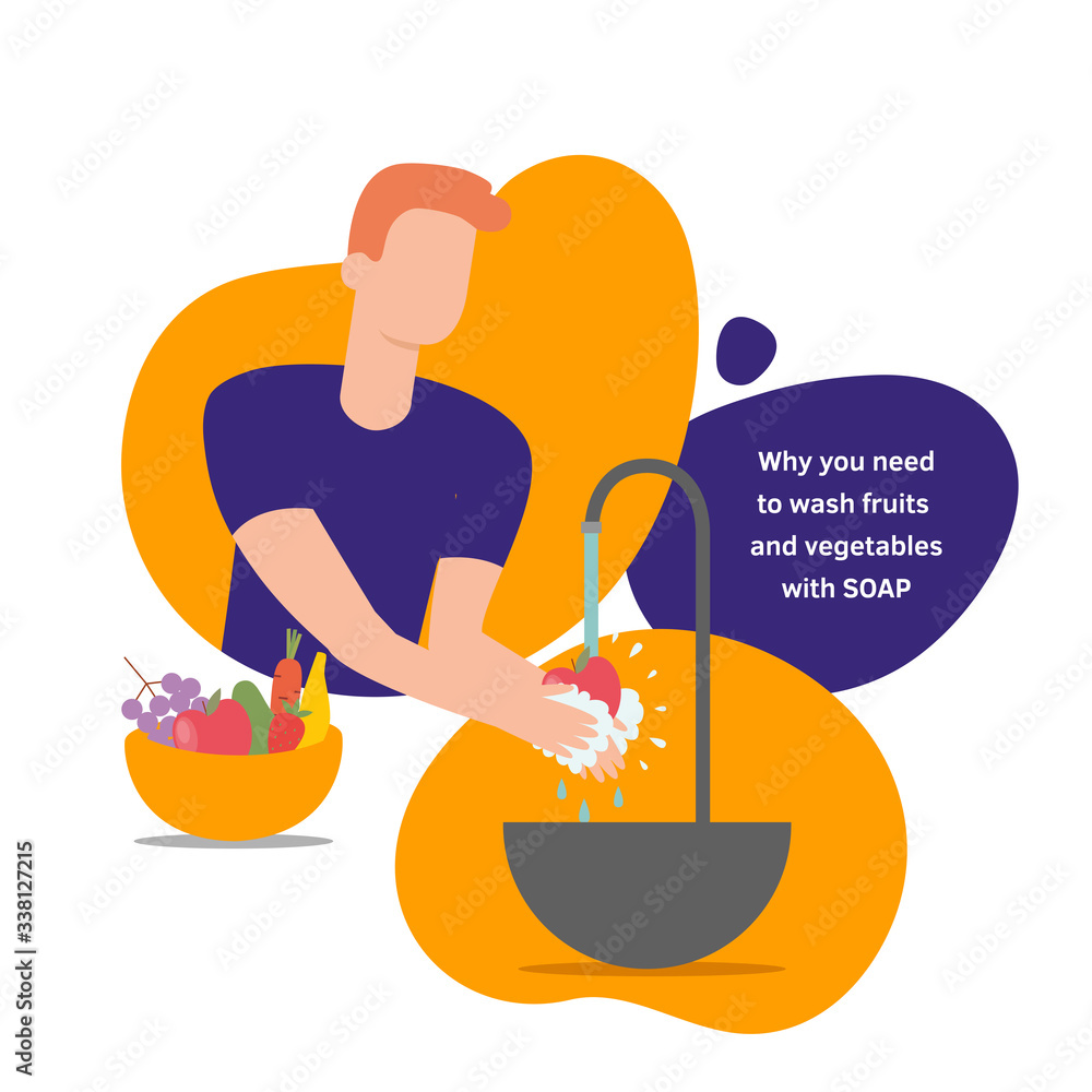 Vector isolated illustration of a man washing healthy fresh fruits and ...