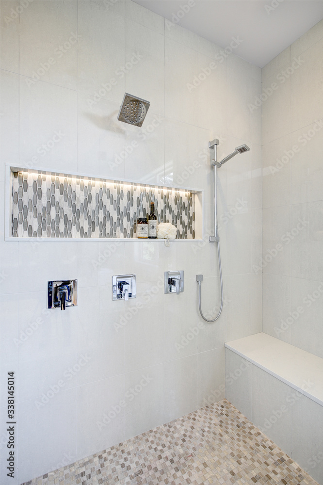 Stunning walk-in shower with white tile surround. Luxury American ...
