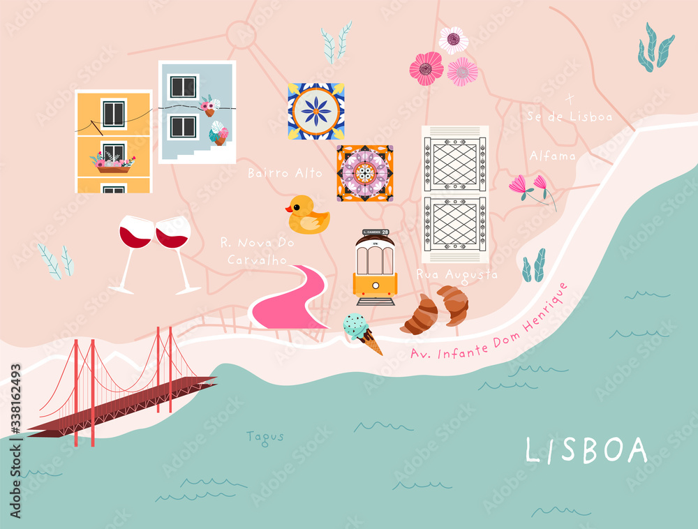 Modern illustrated Lisbon city map. Trendy hand-drawn stylized map of ...