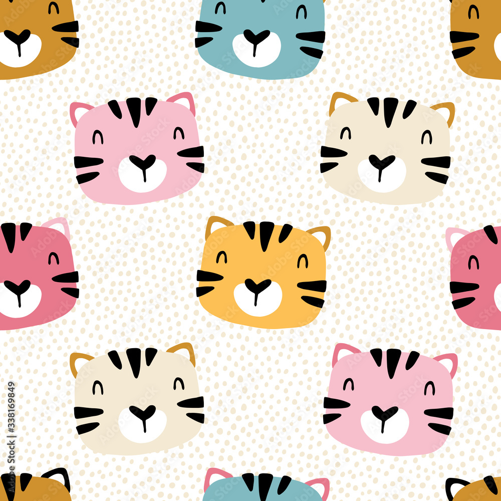 Tiger kitten with polka dots. Seamless pattern with cute animals faces ...