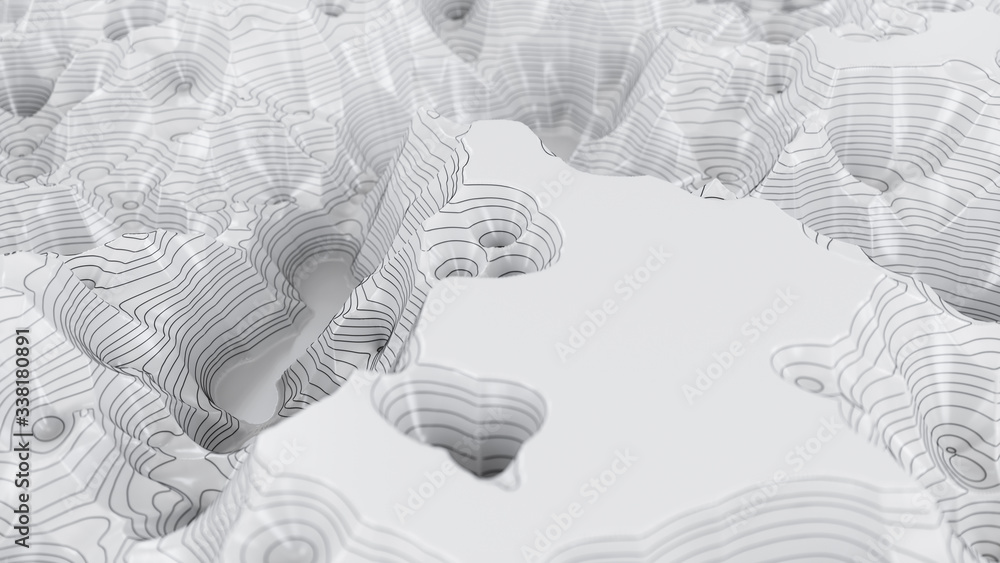 White three-dimensional topographic map. Contour lines on a topographic ...