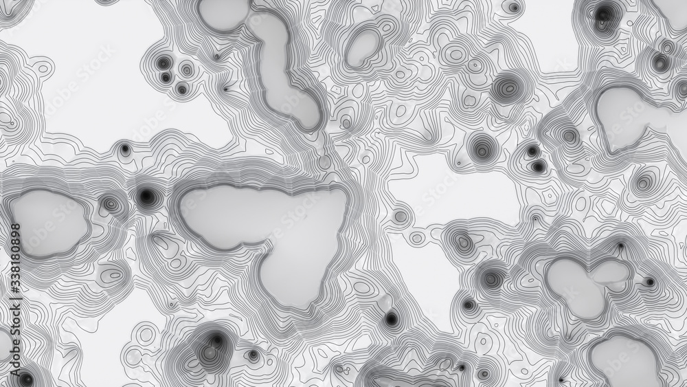 White three-dimensional topographic map. Contour lines on a topographic ...