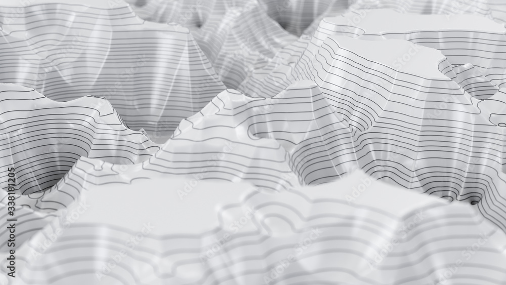White three-dimensional topographic map. Contour lines on a topographic ...