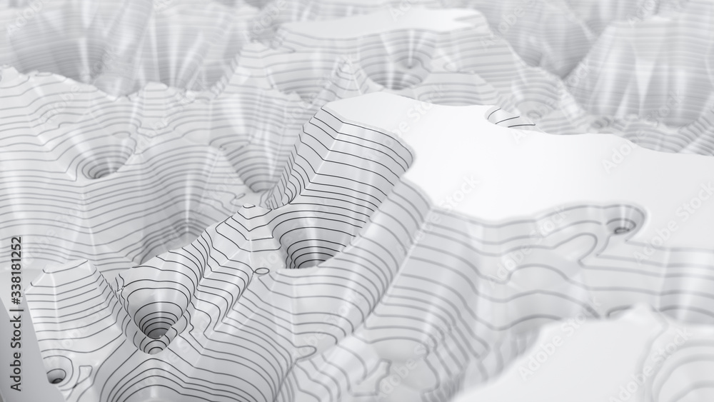 White three-dimensional topographic map. Contour lines on a topographic ...