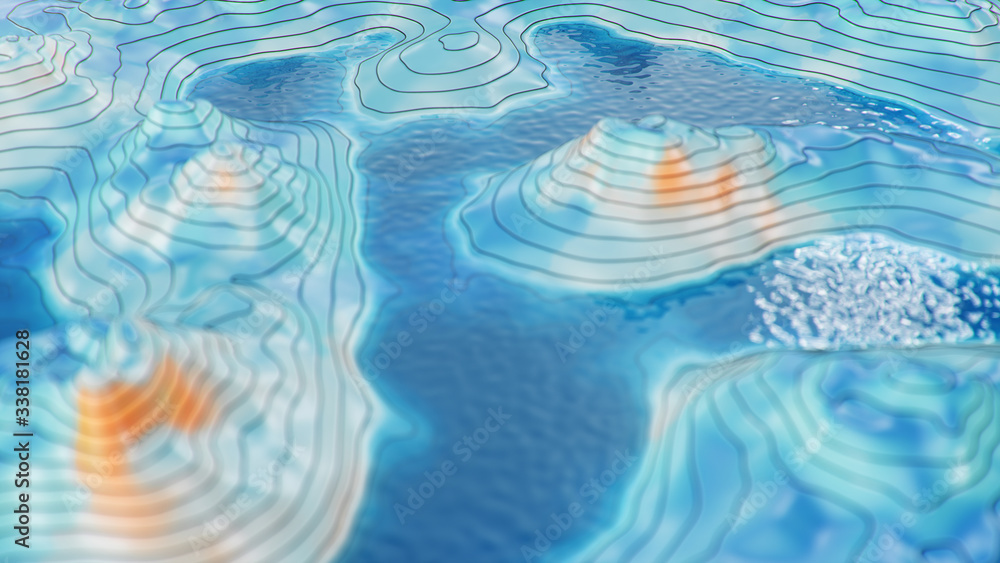 Topographic 3D map with water. Contour lines on a topographic map ...