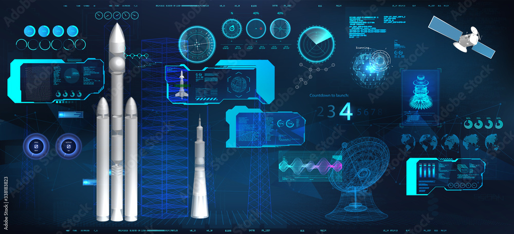 Space Station Command Center. Spacecraft launch in HUD style. Cockpit ...