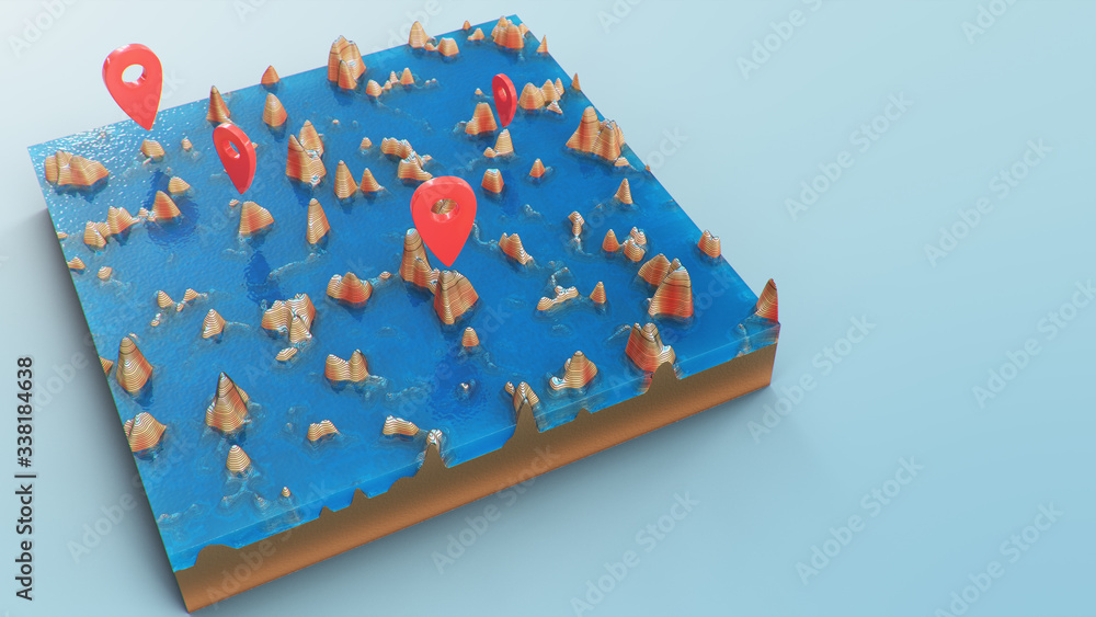 Stockillustratie Cross section 3D Map with red point markers. Contour ...