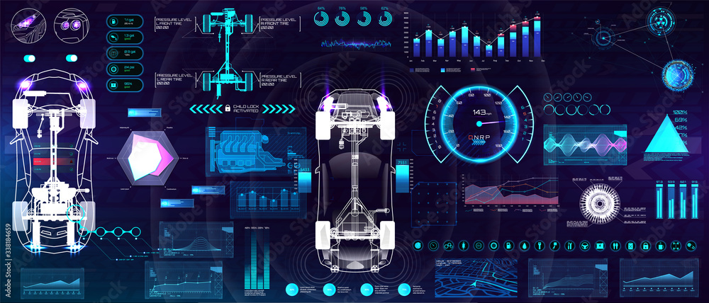Car auto service in HUD style. Modern UI, GUI, diagnostics of cars ...