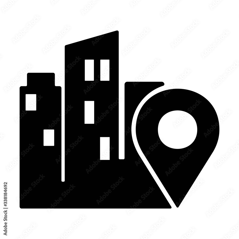 Apartment building with map pin sign. City place location icon. Flat ...
