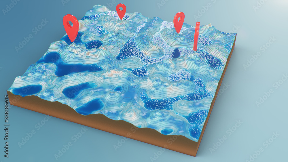 Cross section 3D Map with red point markers. Contour lines on a ...