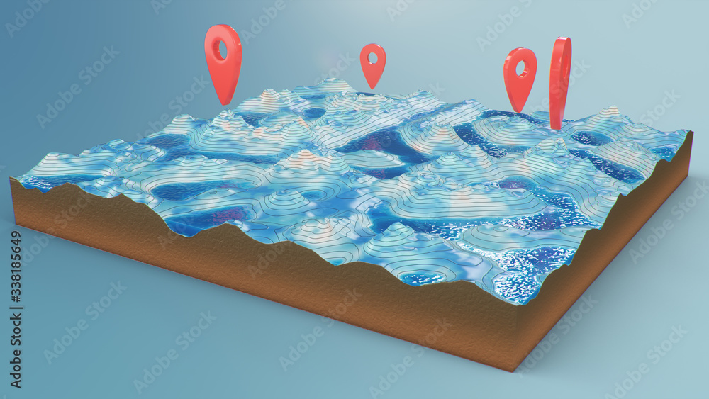 Red pointers, markers on the 3D map navigation. Contour lines on a ...