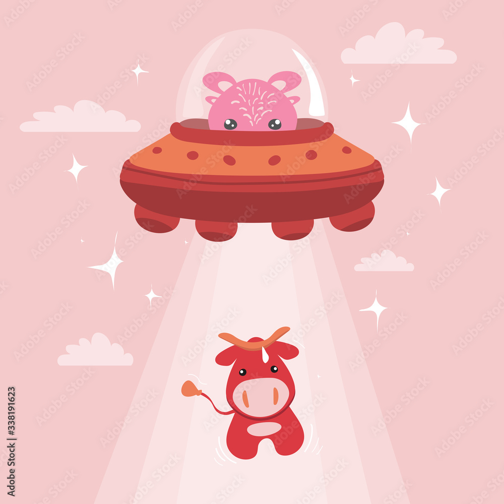 Vector funny cute cartoon illustration of UFO with aliens and cute ...