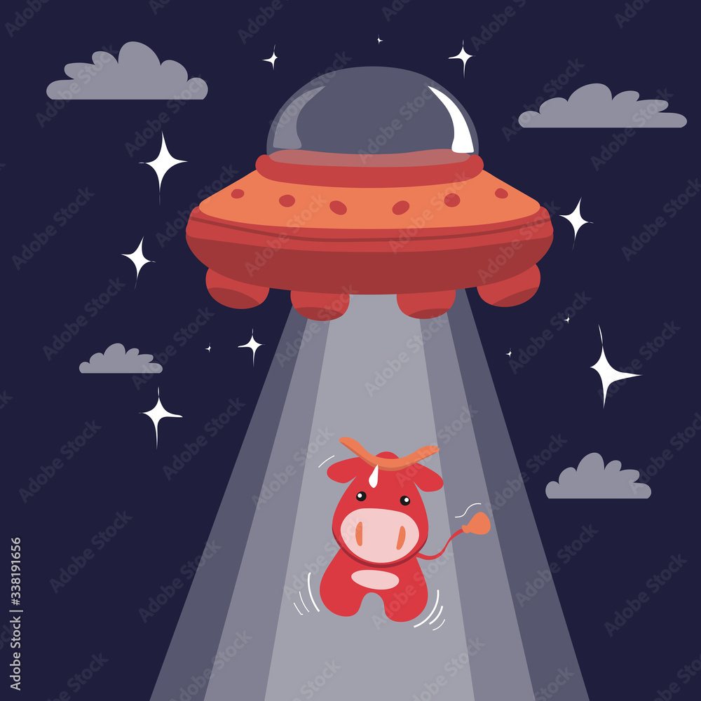 Funny cute cartoon illustration of UFO with cute abduction red cow ...