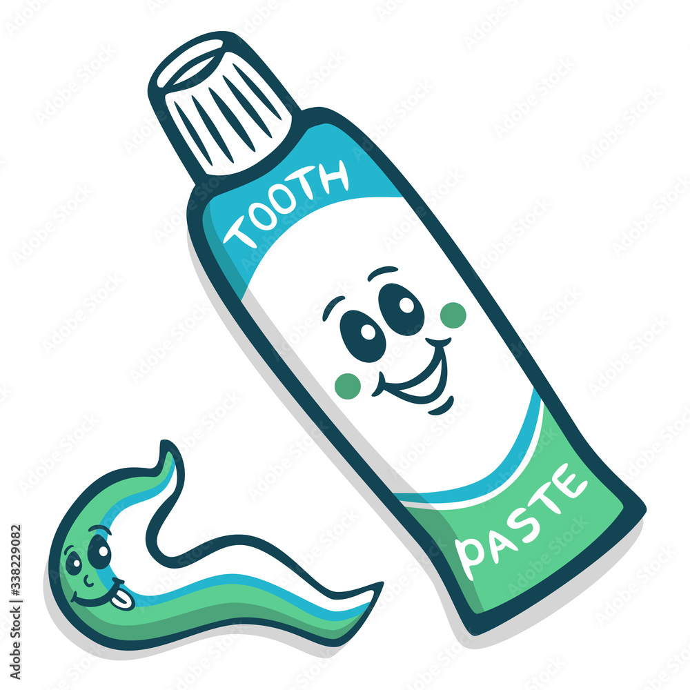 Vector drawing of a small cartoon blue, white and green toothpaste tube ...