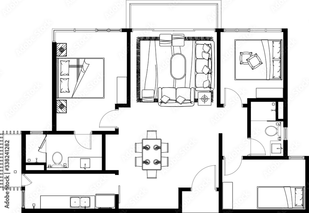 2D CAD layout plan drawing of a house with a three bedroom complete ...