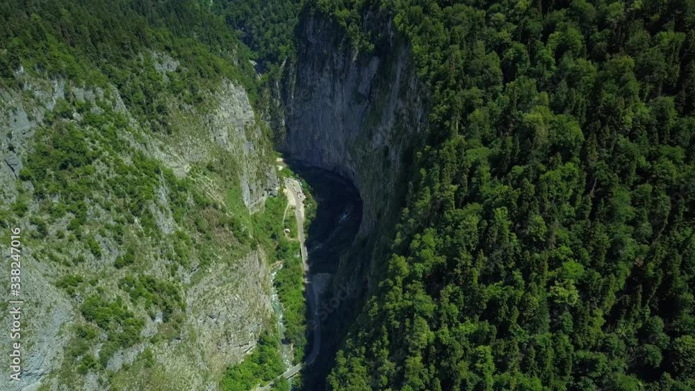 Bird’s eye view Yupshar canyon narrow valley goal gorge among vertical ...