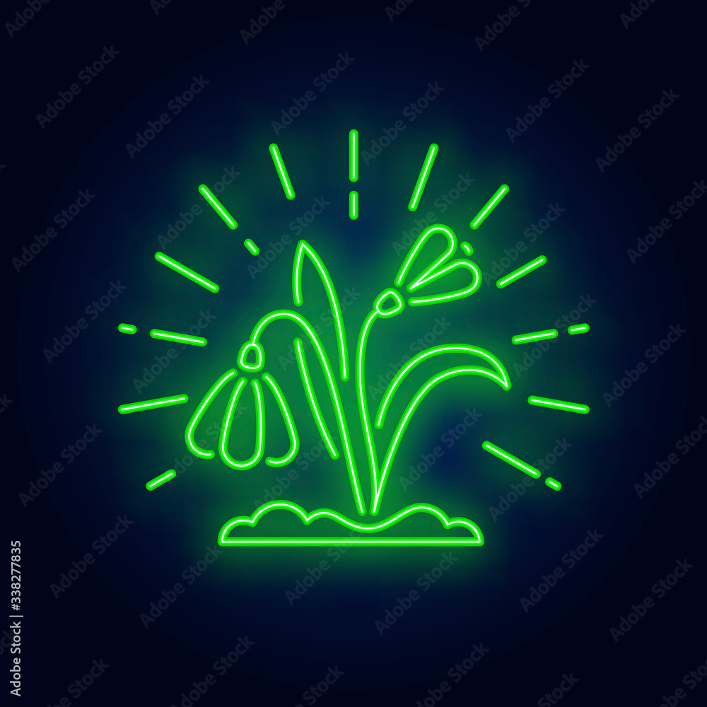 Shining snowdrop in snow neon sign. Springtime design element. Night ...