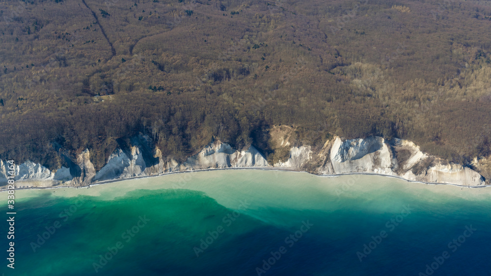 An aerial view of the famous chalk cliffs of the German Baltic island ...