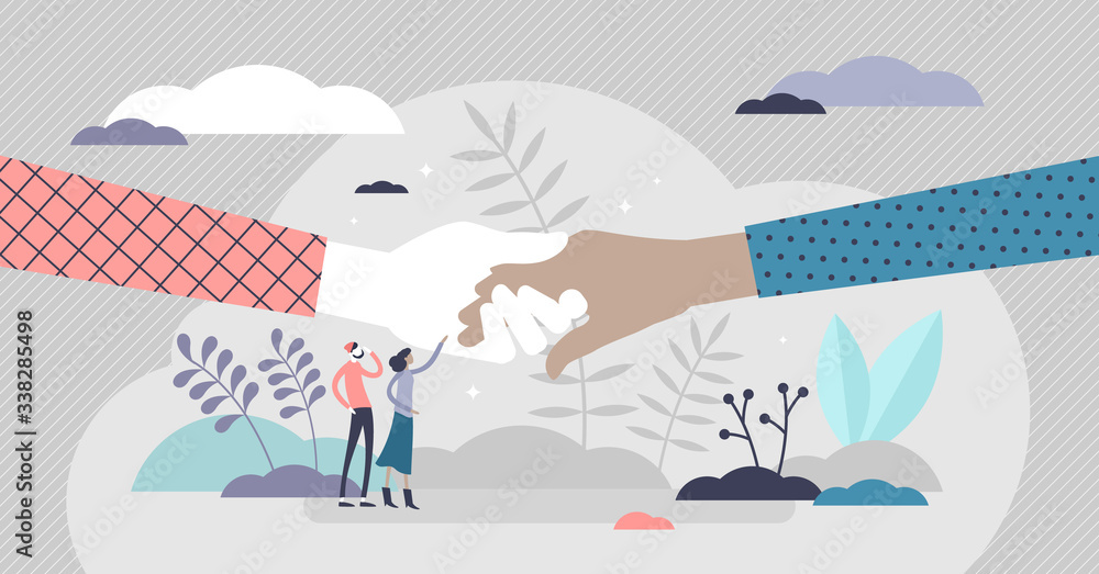 People help vector illustration. Holding hands flat tiny persons ...