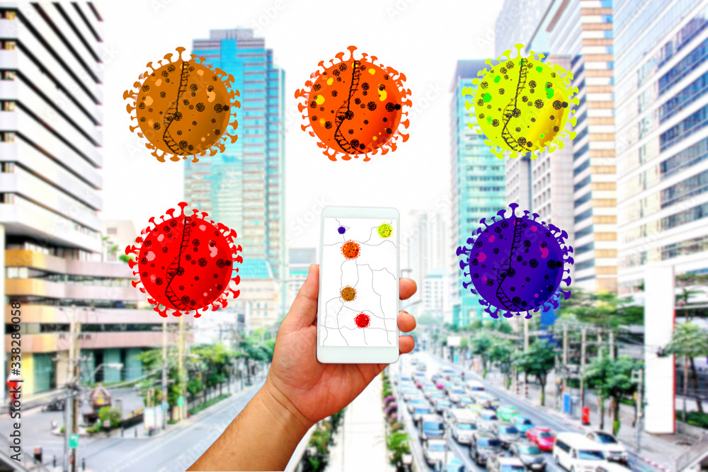 hand holding mobile with illustration of corona virus . in outbreak ...