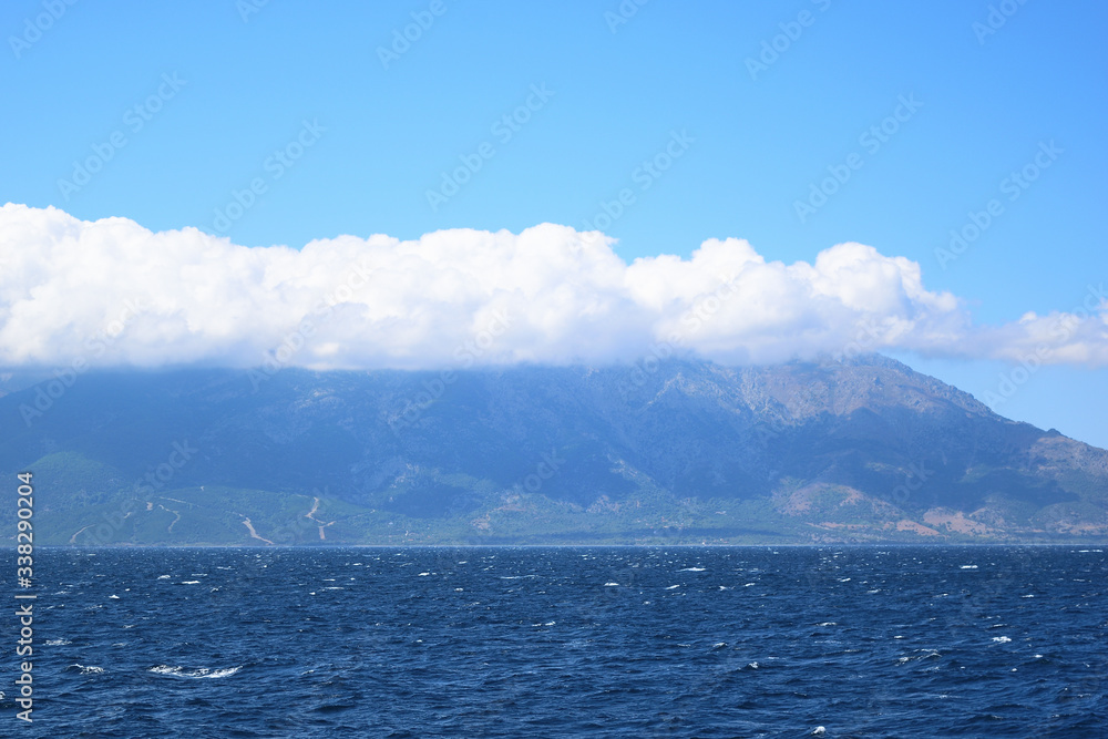 Samothraki island view from ferry - seascape with Saos mountain and ...