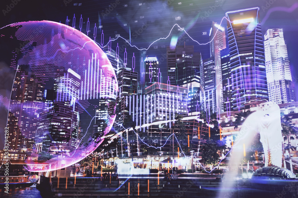 Financial chart on city scape with tall buildings background multi ...