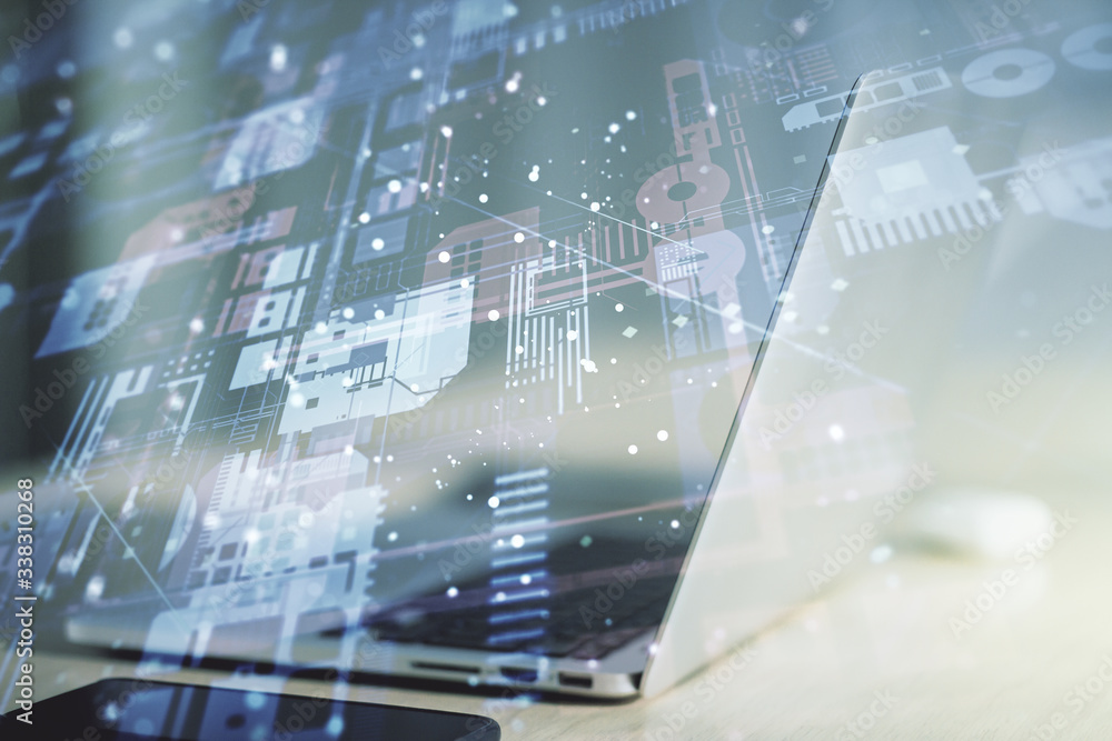 Multi exposure of abstract graphic coding sketch on modern computer ...