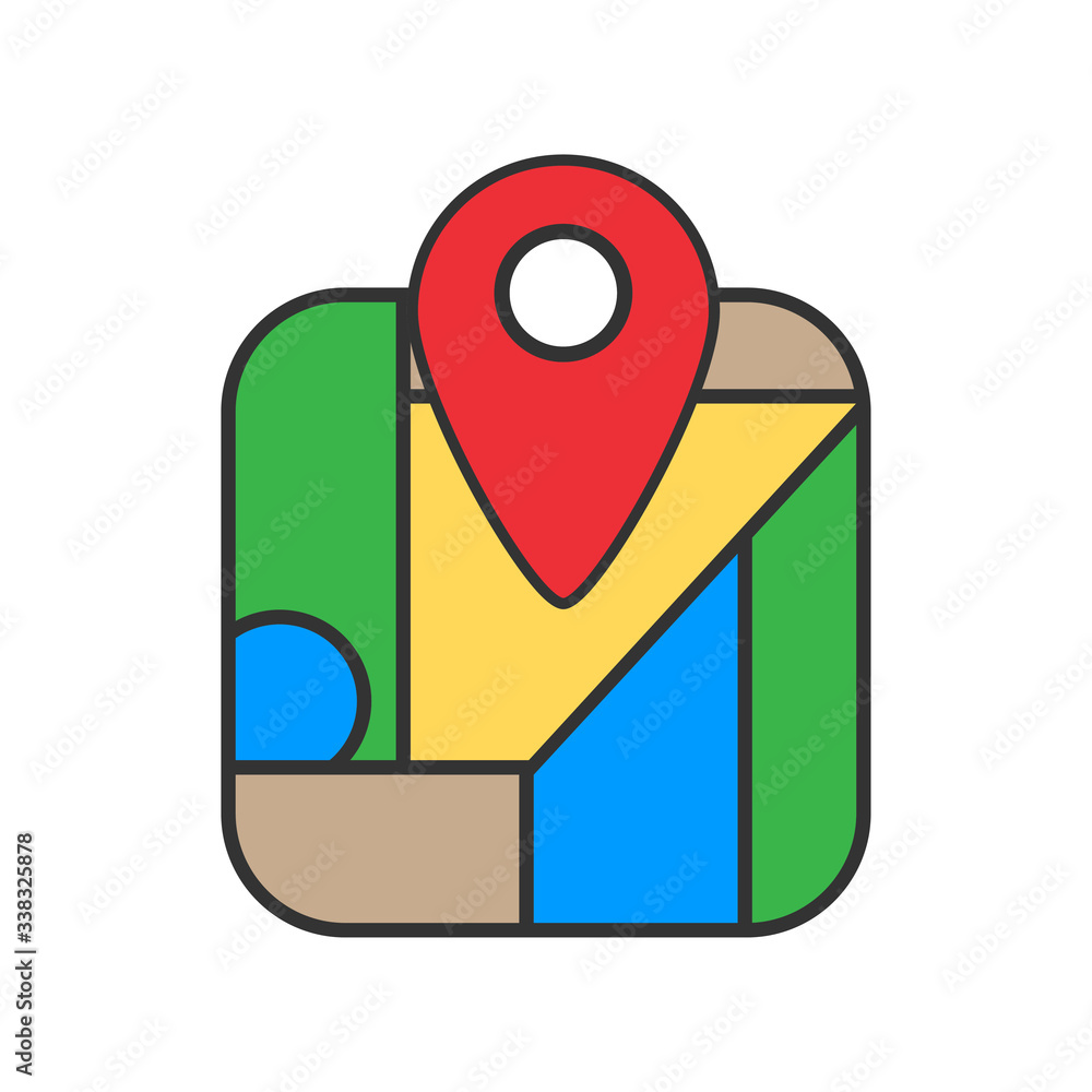 Navigation map icon with red location pin. City map in flat design on ...