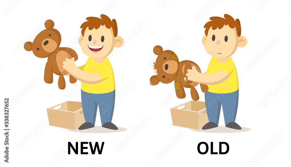 Words new and old textcard with cartoon characters. Opposite adjectives ...