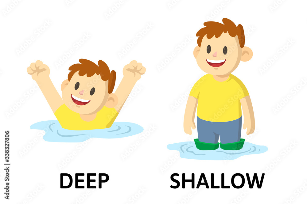 Words deep and shallow textcard with cartoon characters. Opposite ...