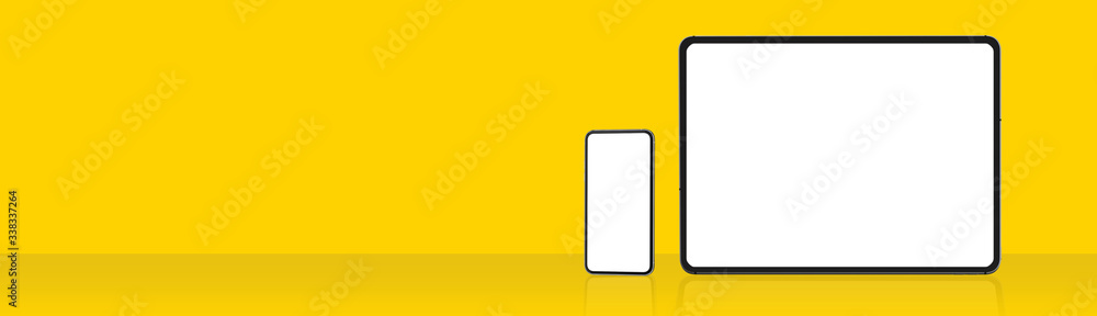 Modern Smart phone and Tablet Empty white screen. on simple yellow ...