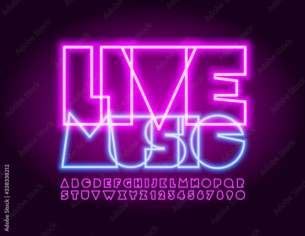 Vector bright poster Live Music with Neon creative Font. Glowing ...