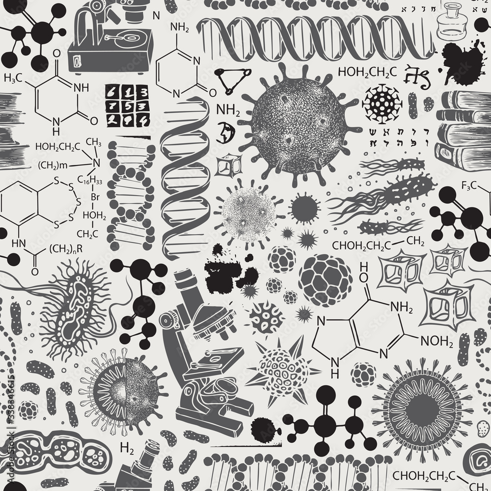 Vector seamless pattern on the theme of chemistry, biology, genetics ...