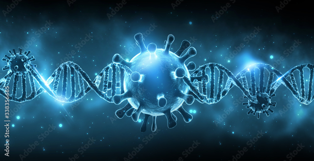 DNA chain and coronavirus Covid-19. Abstract medical background ...