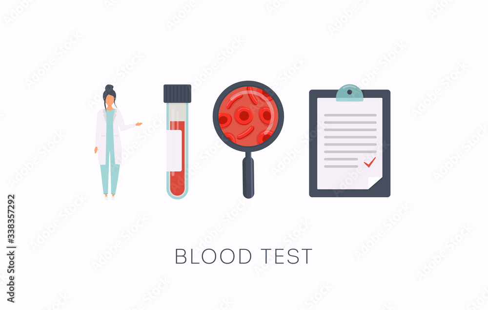 Blood test concept. Set of medical test tube, blood cells under a ...