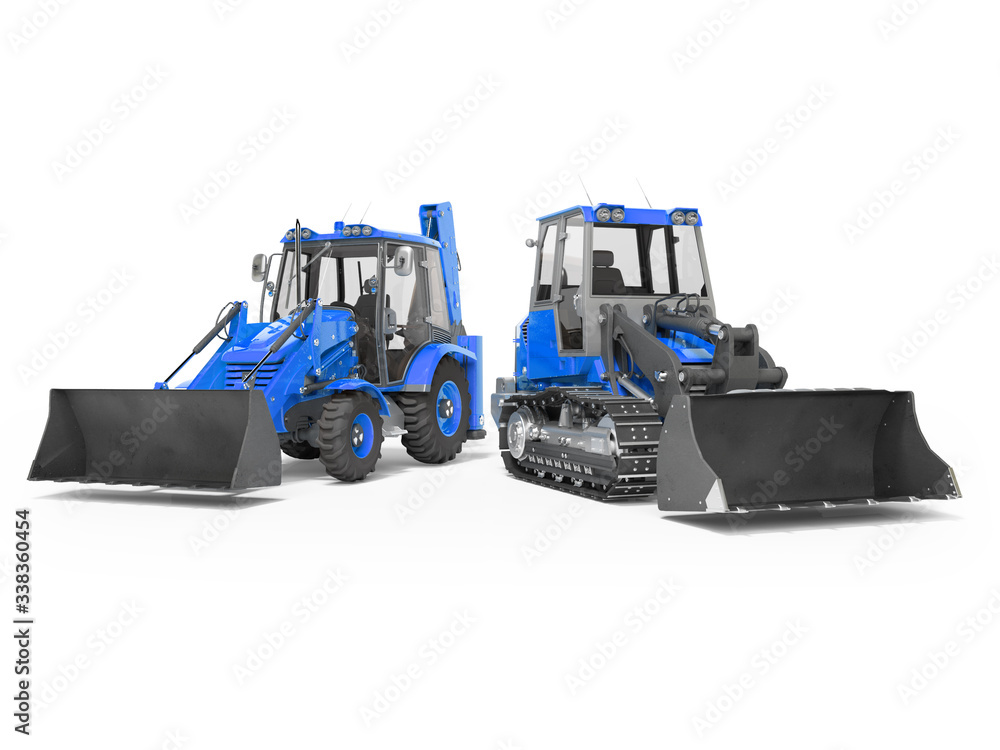 3d rendering set road machinery blue crawler excavator and backhoe ...