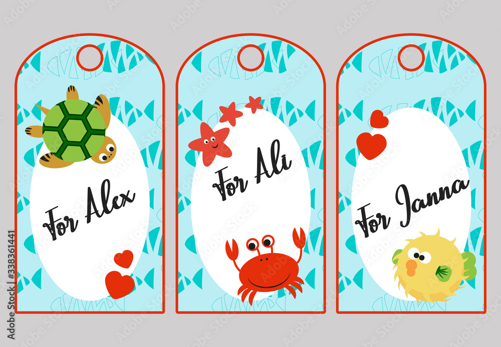 Three funny cards with marine creatures. Simple flat cartoon style sea ...
