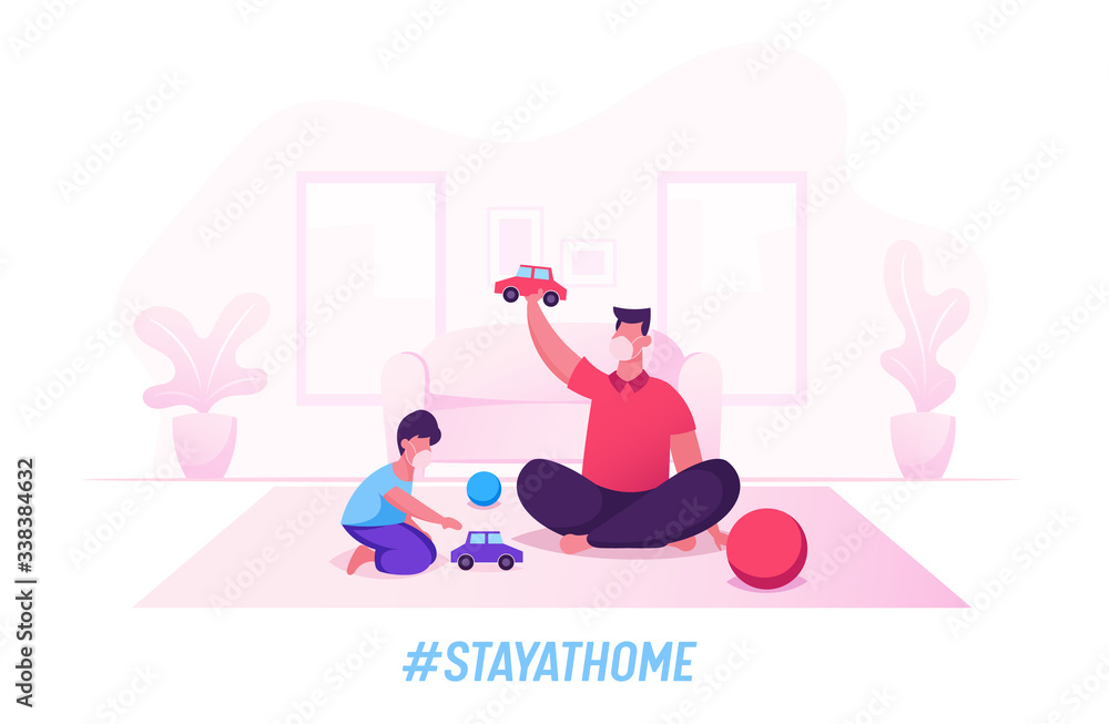 Man and Small Boy Characters Stay at Home during Covid 19 Quarantine ...