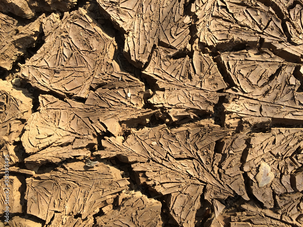 Heterogeneous texture of dry clay with an abstract pattern and cracks ...
