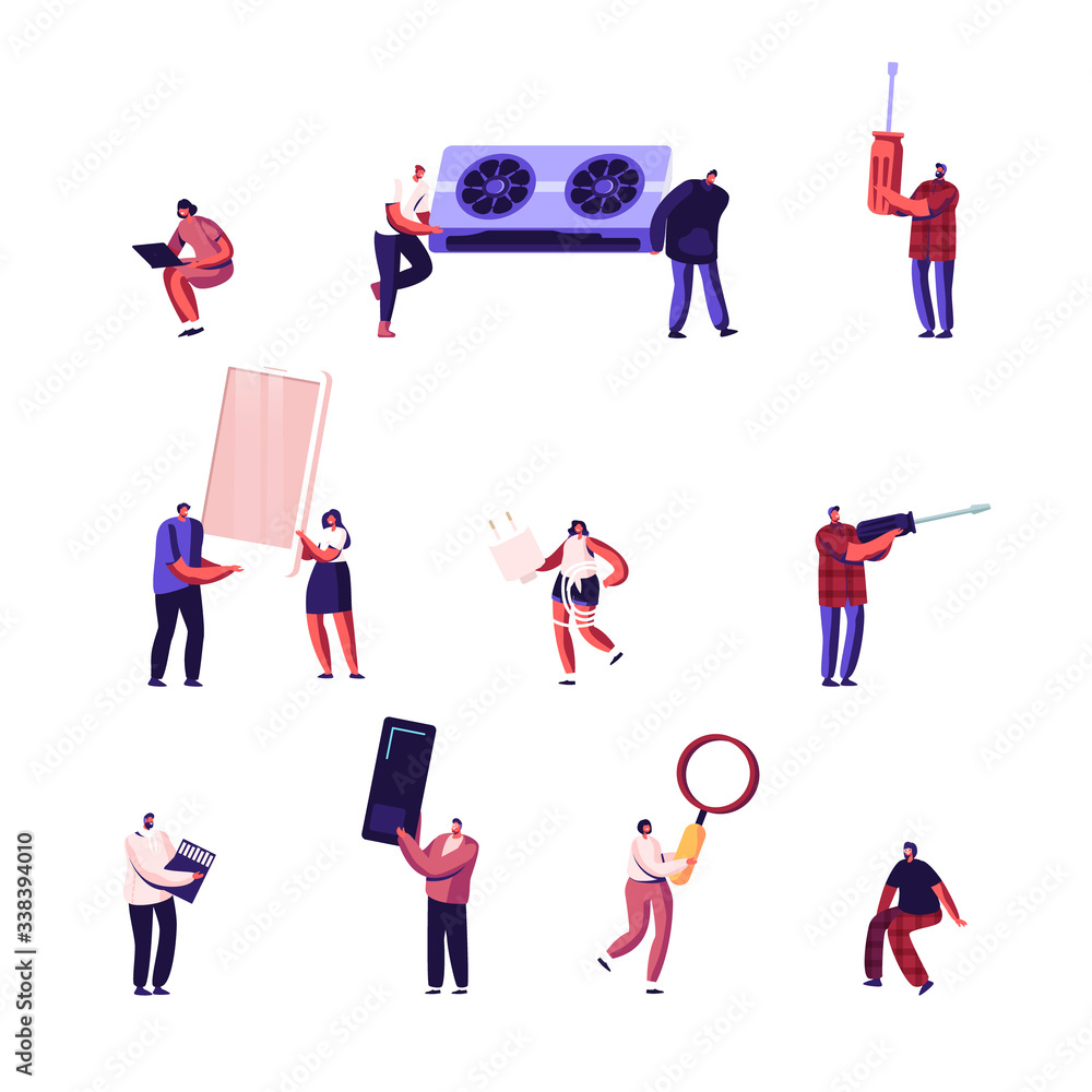 Set of Male and Female Characters Using and Fixing Gadgets, Remove Old ...