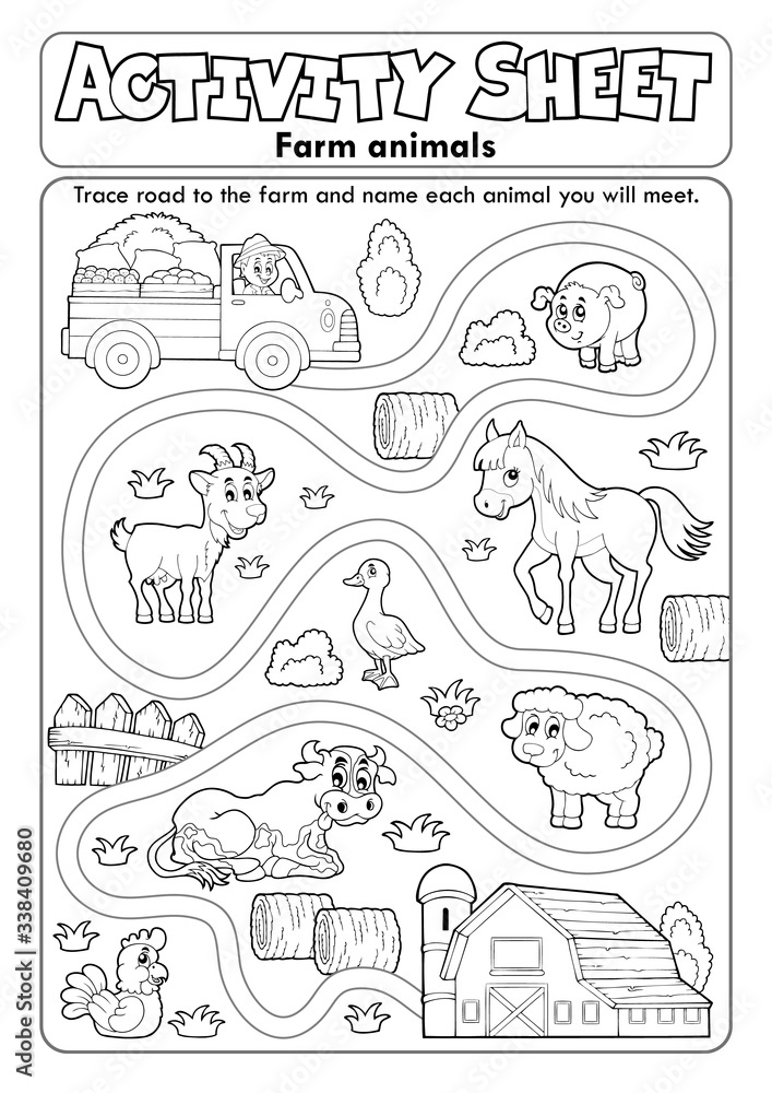 Activity sheet farm animals 2 Stock Vector | Adobe Stock
