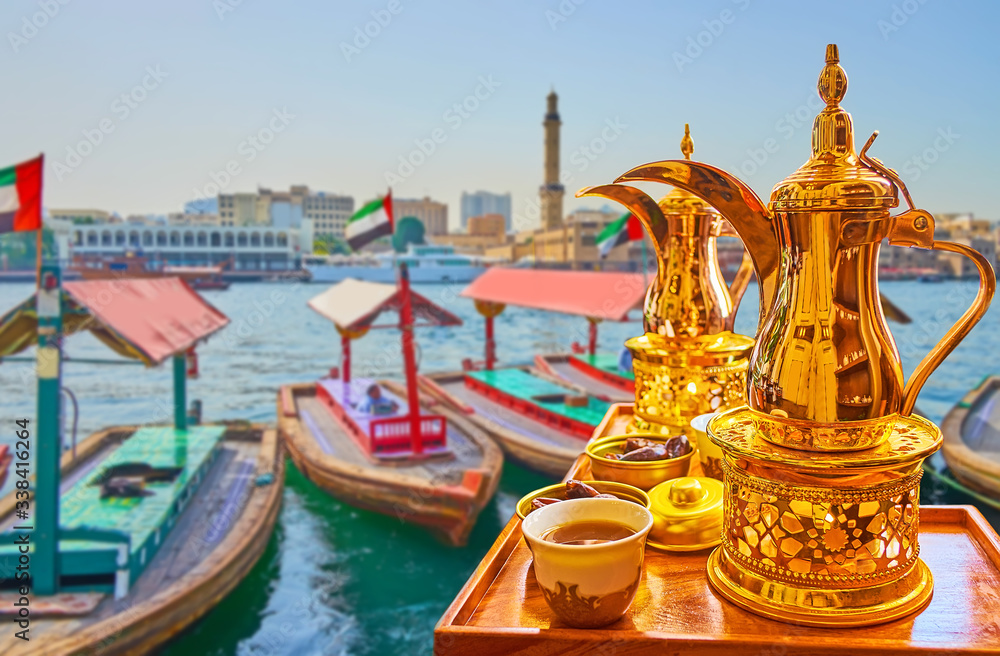 Brass dallah coffee pots at the bank of Dubai Creek, UAE Stock Photo ...