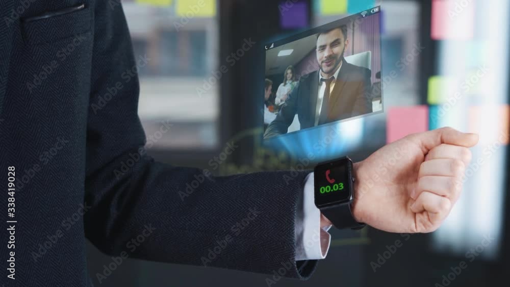 Businessman call a colleague, futuristic effect of appearing in a ...