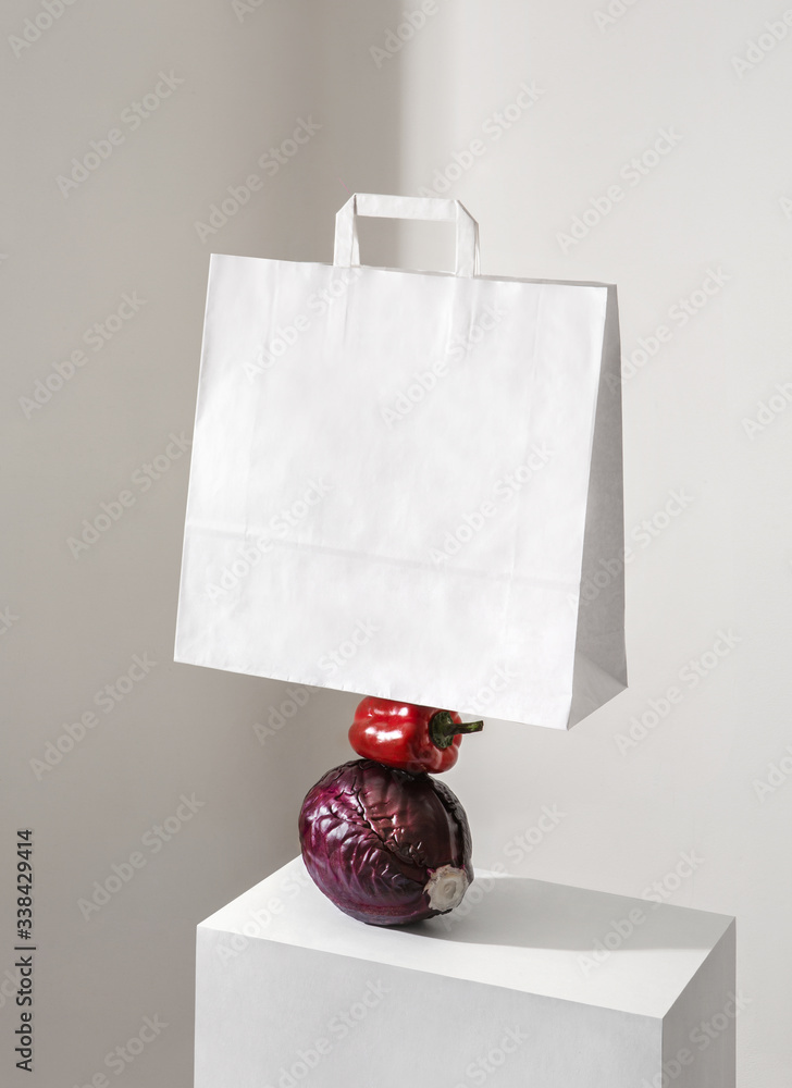 big floating white paper bag for groceries Stock Photo | Adobe Stock