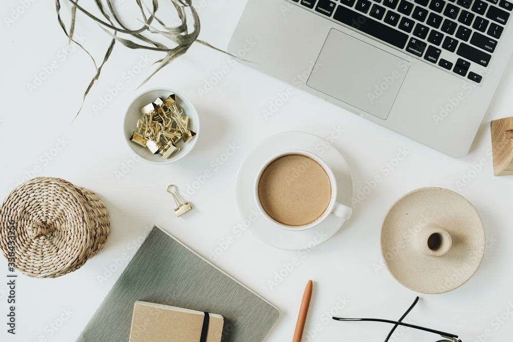 Home office desk workspace with laptop on white background. Flat lay ...