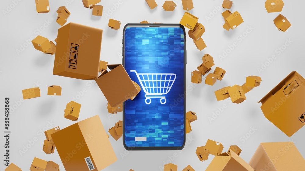 8K E-commerce 3D render Smartphone and Parcels Falling down with ...