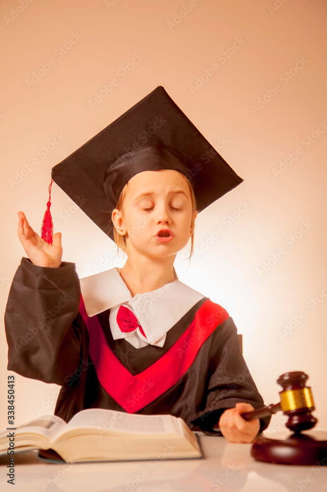 Funny and humorous image of lady justice Femida. Cute little child girl ...