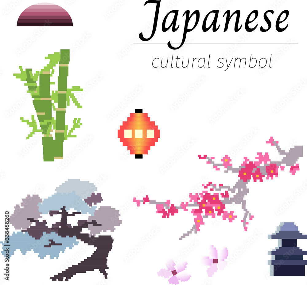 Pixel set of japanese national characters. Fuji vector design elements ...